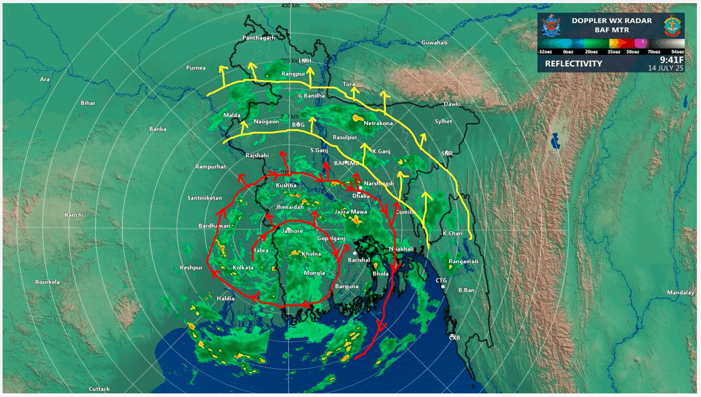 সোমবারের বৃষ্টিপাত ও বজ্রপাত পূর্বাভাস (১৪ ই জুলাই, ২০২৫)